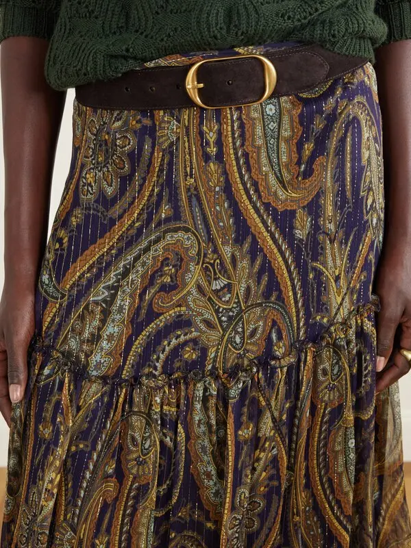 Etro Tiered Paisley-print Metallic Silk-blend Chiffon Maxi Skirt - Multi