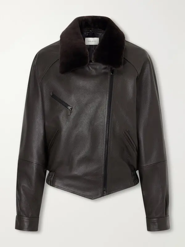 Magda Butrym Cropped Shearling-trimmed Leather Biker Jacket - Brown