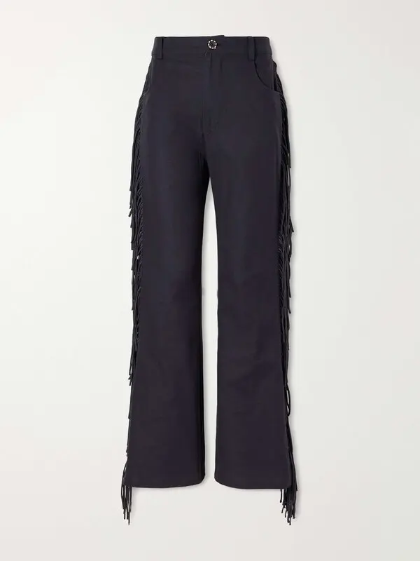 Alix Of Bohemia Bunny Onyx Fringed Cotton-gabardine Straight-leg Pants - Black