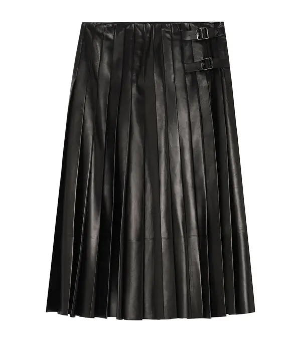 Burberry Leather Pleated Midi Skirt - Black