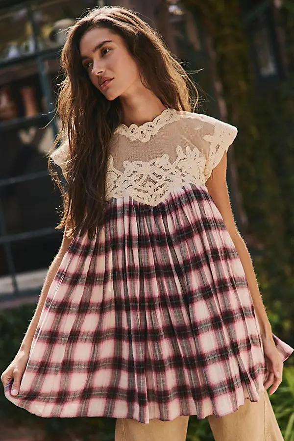Free People Ellery Plaid Mini Dress - Brick Combo