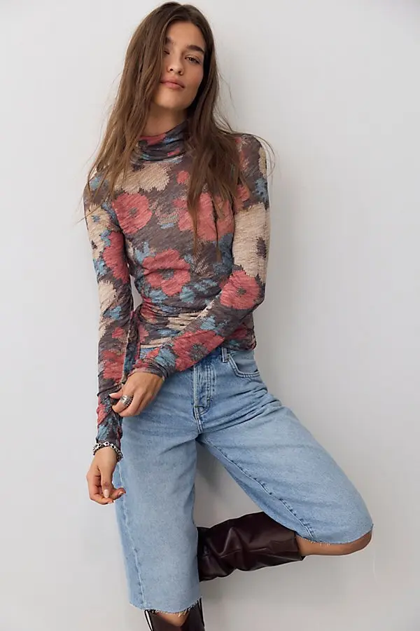 Free People We The Free Sloane Ranger Turtleneck Top - Red Combo