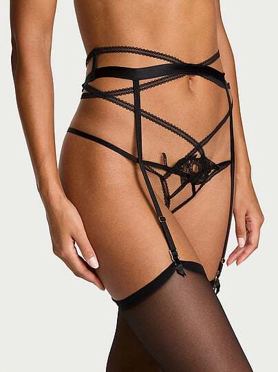 Victoria's Secret Very Sexy Viper Embroidery Peekaboo Garter Panty - Black