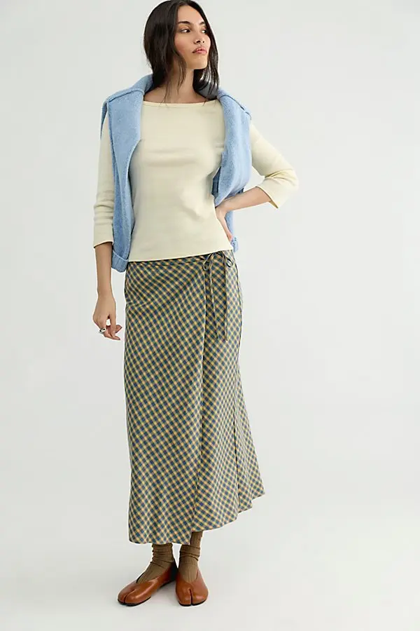 Donni. Tencel Plaid Tie Wrap Skirt - Lake/butter Plaid