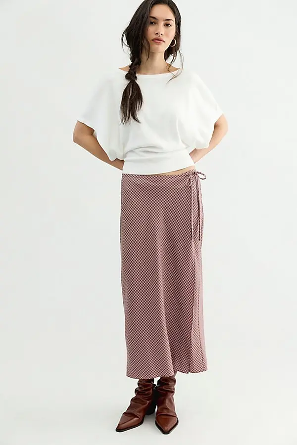 Donni. Tencel Plaid Tie Wrap Skirt - R/espresso Plaid