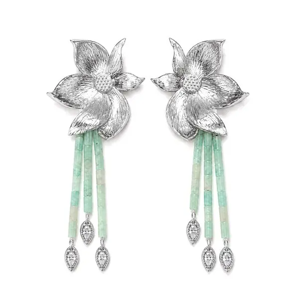 AUROZIA Lotus Within Rhodium Plated Detachable Blooming Lotus Drop Amazonite Tassel Earrings Silver - Silver/blue