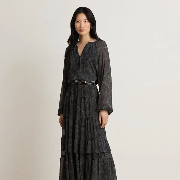 Ralph Lauren Paisley Crinkle Georgette Tiered Dress - Grey Multi