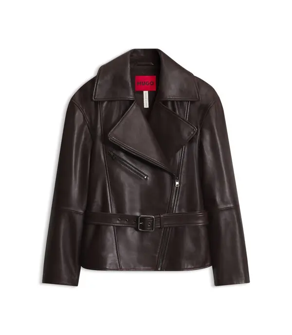 Hugo Oversized-fit Nappa Leather Jacket With Belt - Brown