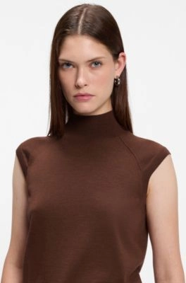 BOSS Sleeveless Mock-neck Sweater In Merino Wool - Brown