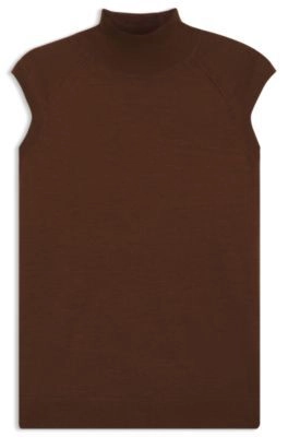 BOSS Sleeveless Mock-neck Sweater In Merino Wool - Brown