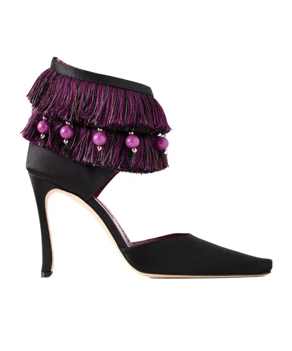 Manolo Blahnik Fringed Bead-embellished Satin Pumps