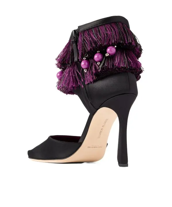 Manolo Blahnik Fringed Bead-embellished Satin Pumps