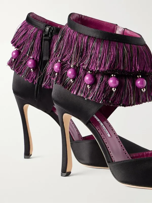 Manolo Blahnik Fringed Bead-embellished Satin Pumps