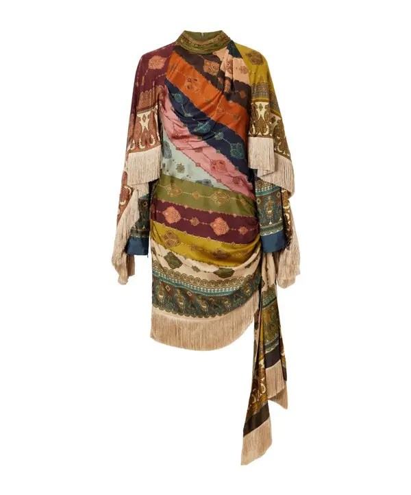 Zimmermann Printed Tie-detailed Fringe-trimmed Silk-satin Mini Dress