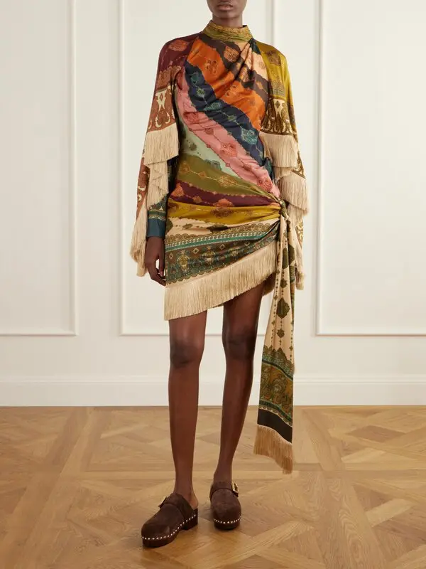 Zimmermann Printed Tie-detailed Fringe-trimmed Silk-satin Mini Dress