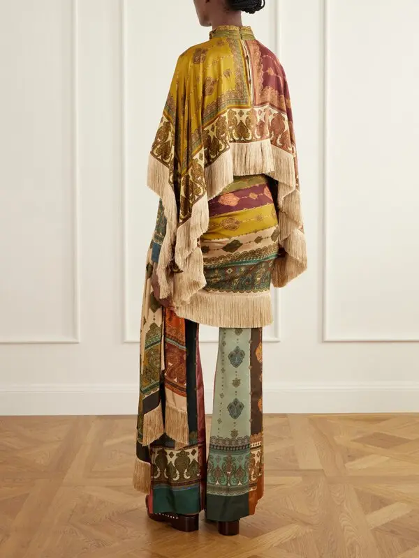 Zimmermann Printed Tie-detailed Fringe-trimmed Silk-satin Mini Dress