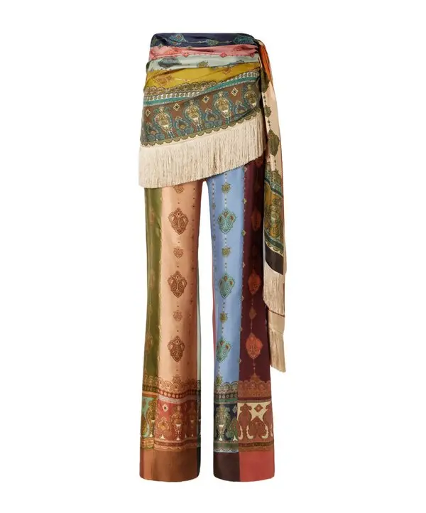 Zimmermann Printed Fringe-trimmed Silk-satin Wide-leg Wrap Pants - No