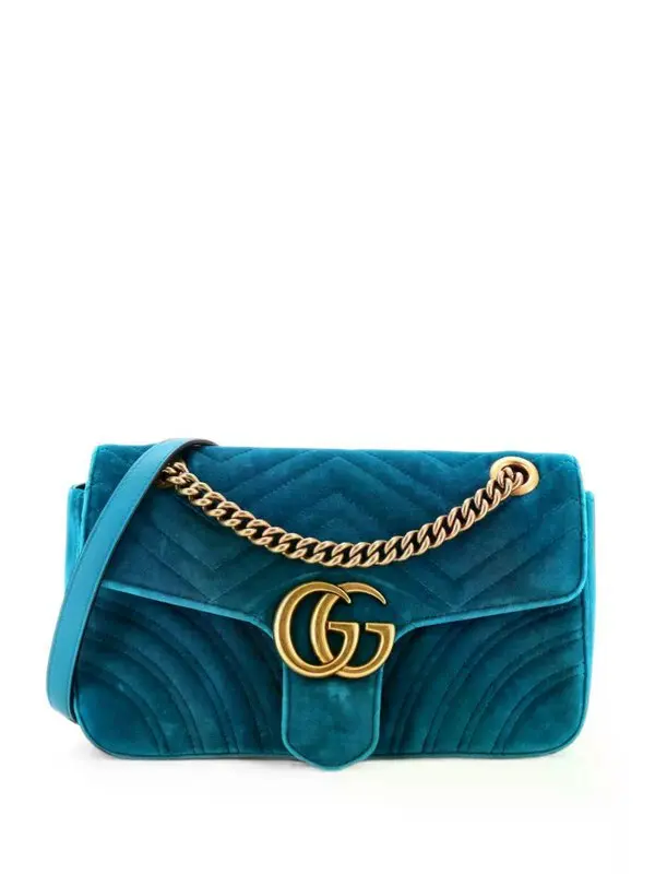 Gucci Gg Marmont Flap Bag Matelasse Velvet Small Shoulder Bag - Blue