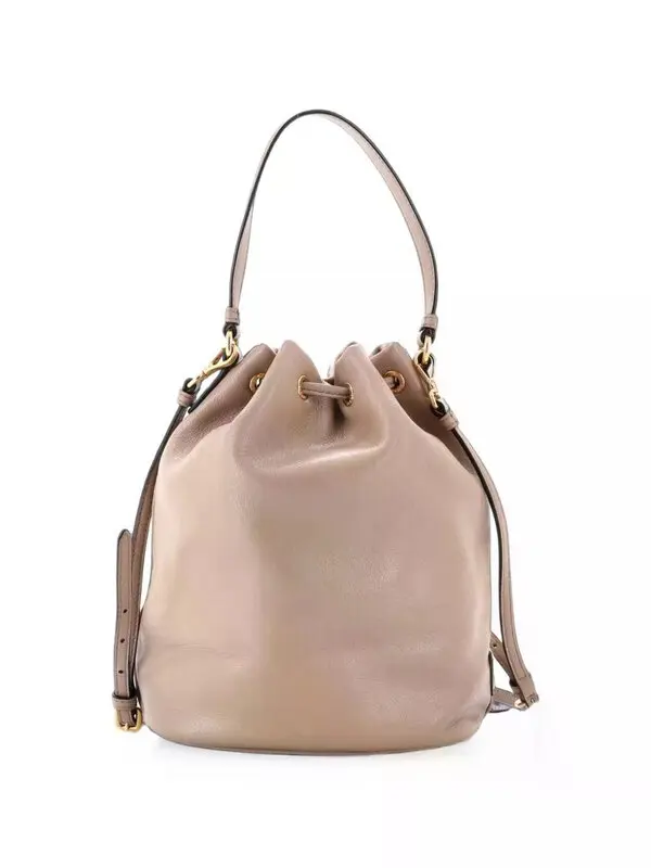 Prada Logo Drawstring Glace Calf Small Bucket Bag - Neutrals