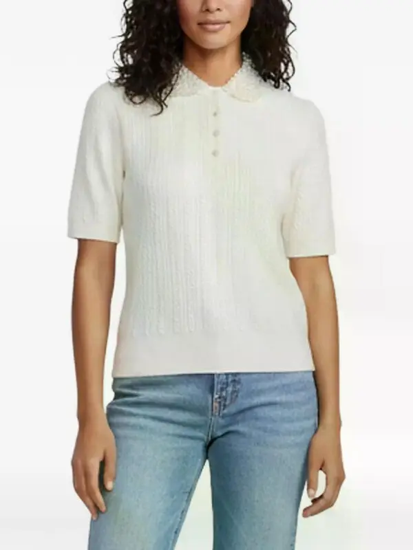 Maje Embellished-collar Rib-knit Polo Shirt - Neutrals