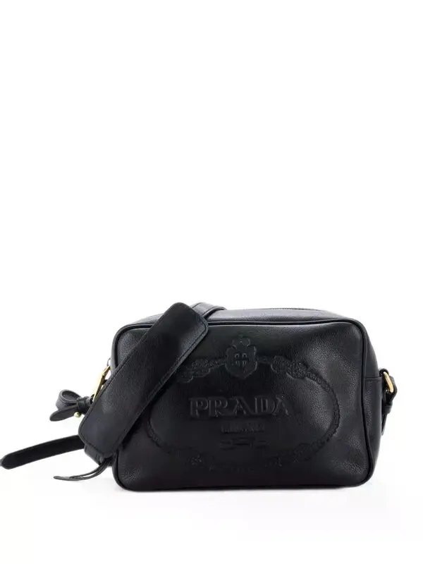 Prada Logo Camera Bag Embossed Leather Small Crossbody Bag - Black