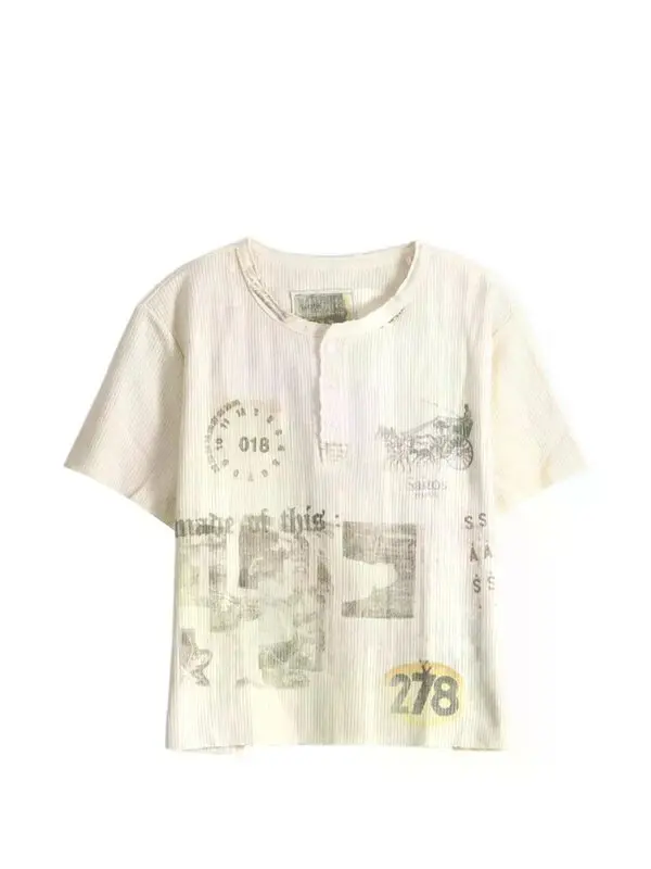 SAITOS Graphic-print Waffle-knit Henley T-shirt