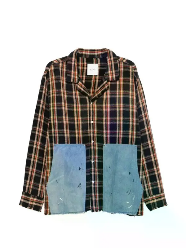 FOUND Check-print Denim-patch Shirt - Black