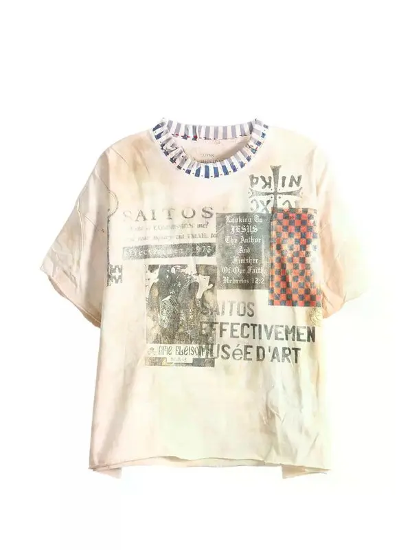 SAITOS Striped-neck Graphic-print T-shirt