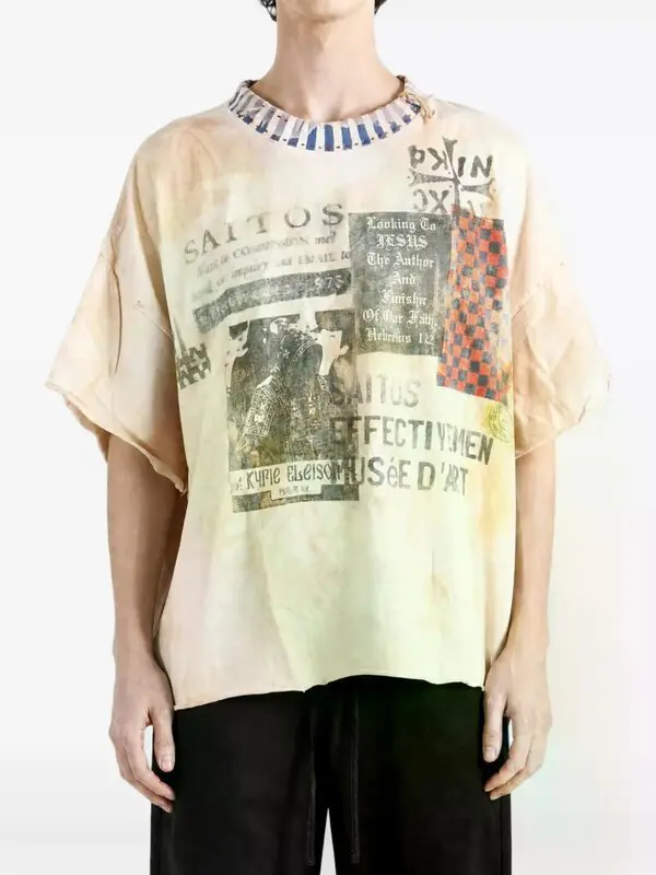 SAITOS Striped-neck Graphic-print T-shirt