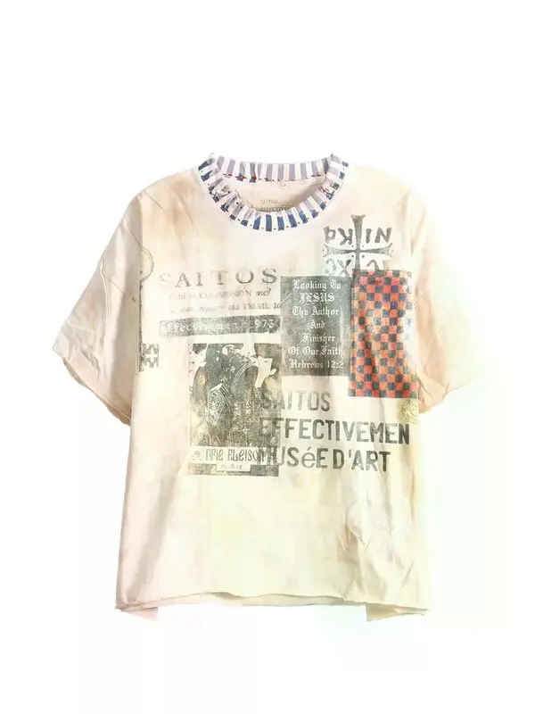 SAITOS Striped-neck Graphic-print T-shirt
