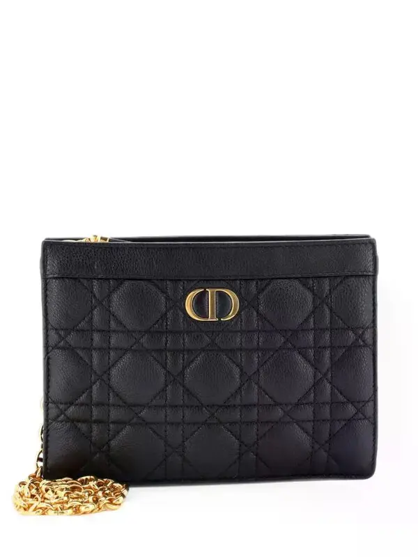 Dior Caro Zipped Pouch With Chain Cannage Quilt Leather Shoulder Bag - Black