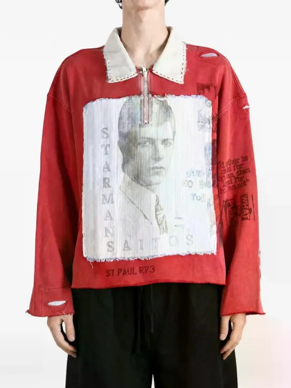 SAITOS Starman Quarter-zip Distressed Polo Shirt