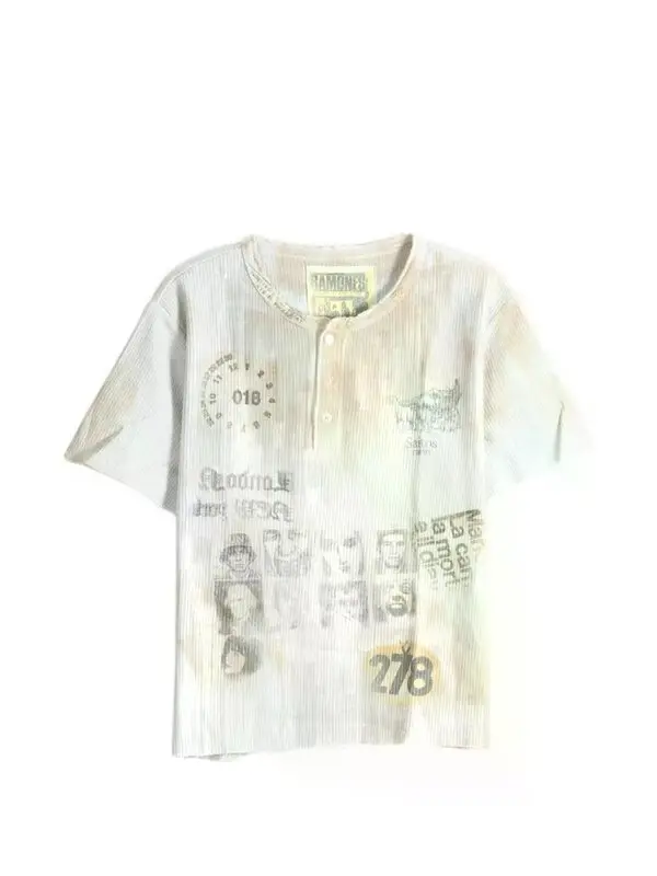 SAITOS Graphic-print Waffle-knit Henley T-shirt
