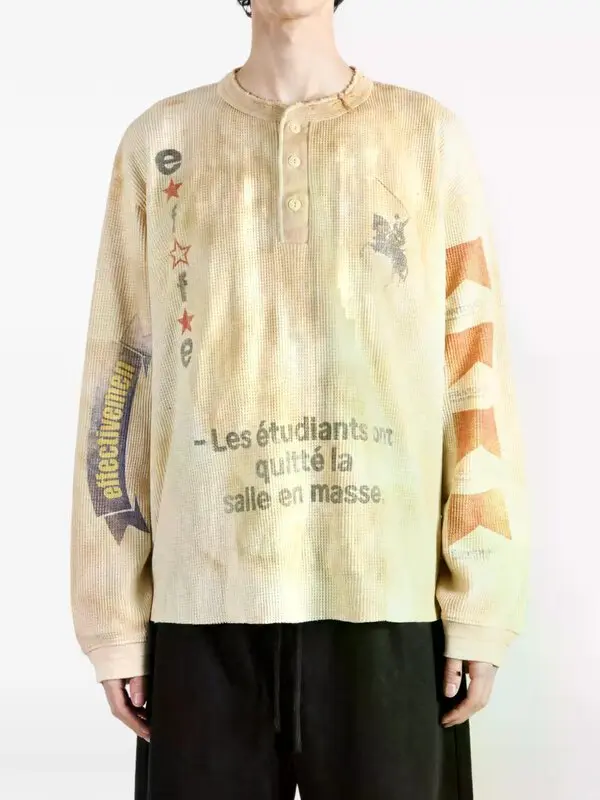 SAITOS Graphic-print Waffle-knit Henley T-shirt
