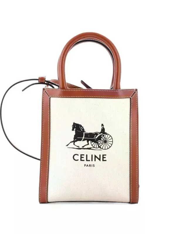 Celine Sulky Vertical Cabas Tote Canvas With Leather Mini Crossbody Bag - Neutrals