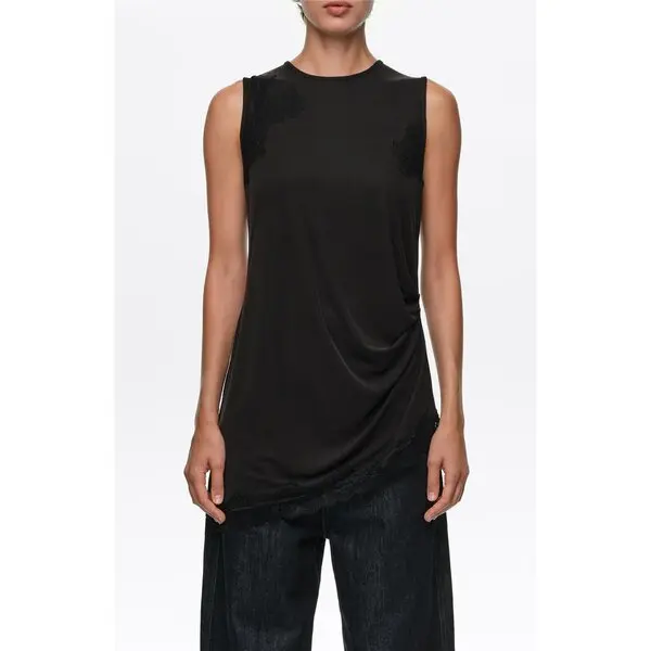 Bimba Y Lola Fluid Ribbed Lace Top - Black