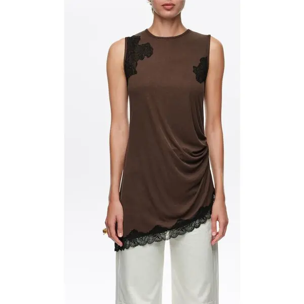 Bimba Y Lola Fluid Ribbed Lace Top - Chocolate