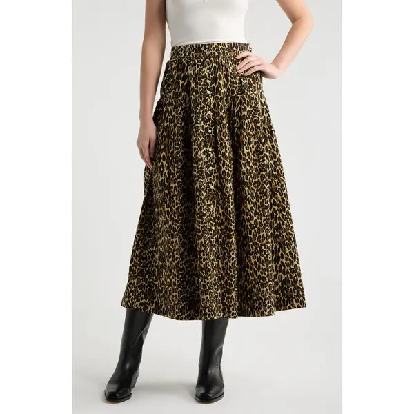 The Great. Highland Leopard Print Cotton Midi Skirt - Tan Leopard
