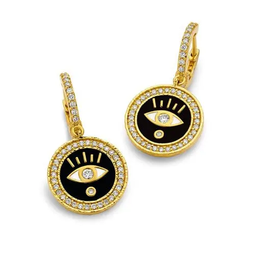 BUDDHA MAMA Enameled Evil Eye Huggie Earrings With Diamonds