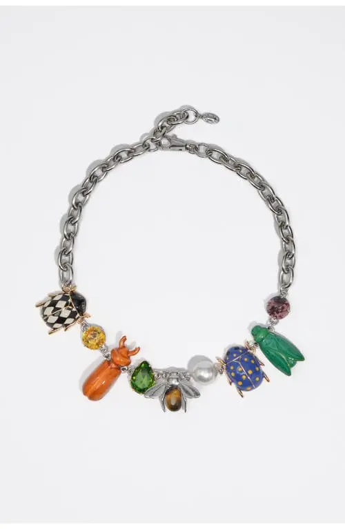 Bimba Y Lola Enamel Beetle Necklace With Crystals - Dark Silver