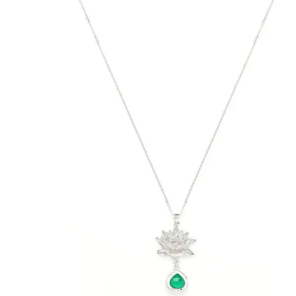 SEVEN SAINTS Aura Cleansing Lotus Necklace With Green Agate In Rhodium | Seen - White