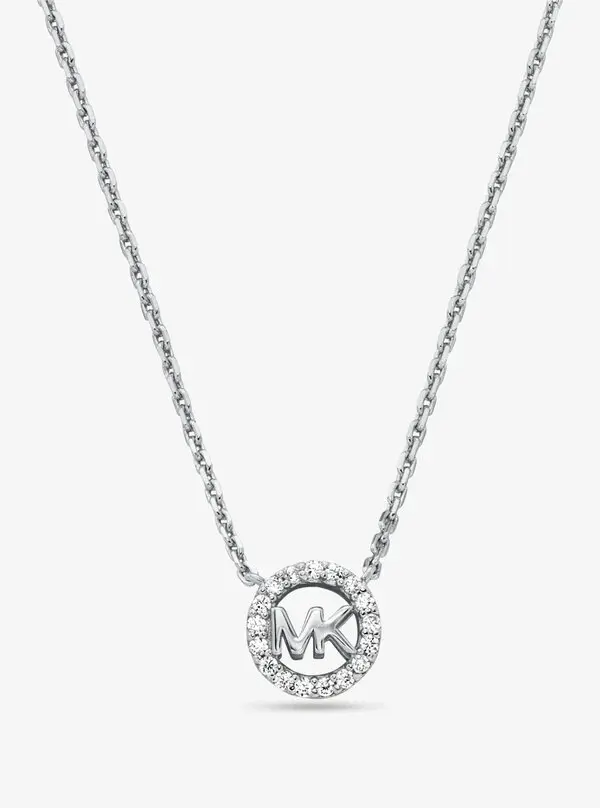 Michael Kors Fulton Precious-metal Plated Sterling Pavé Logo Charm Necklace In By - Silver