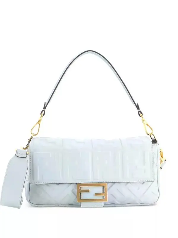Fendi Baguette Nm Bag Zucca Embossed Leather Medium Crossbody Bag - Blue