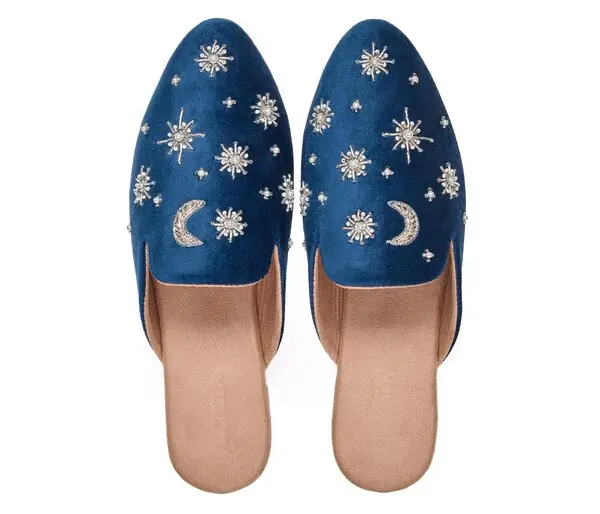 FUCHSIA SHOES Cosmos Handmade Pearl Cosmic Embroidered Luxury Velvet Pointed Toe Mules By - Blue