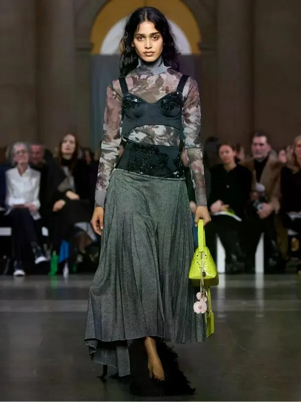 Erdem Embroidered Herringbone Pleated Skirt