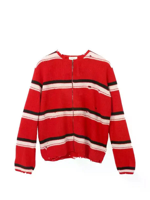 SECOND / LAYER Distressed Striped Cardigan
