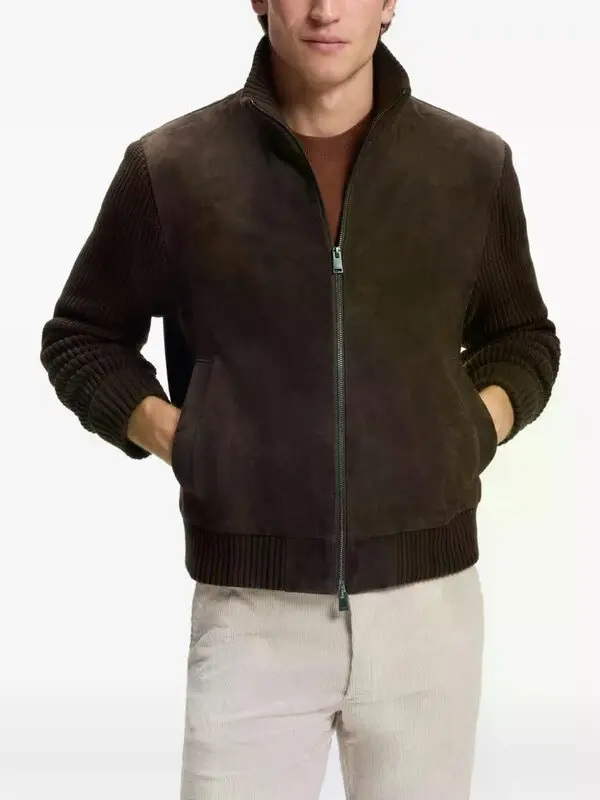 BOSS Suede-panelled Ribbed-knit Jacket - Brown