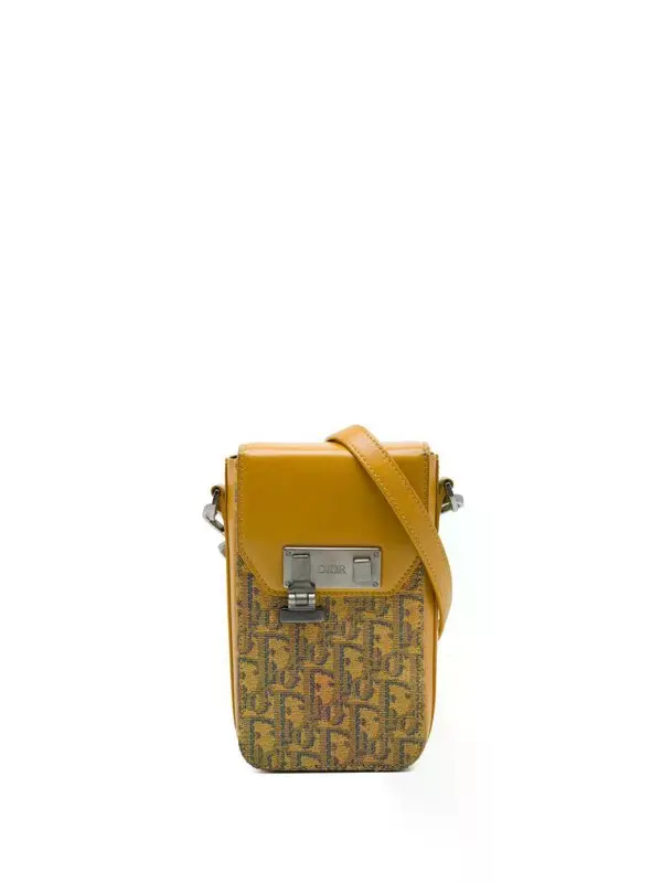 Dior 2021 Oblique Jacquard Lock Phone Holder Crossbody Bag - Yellow