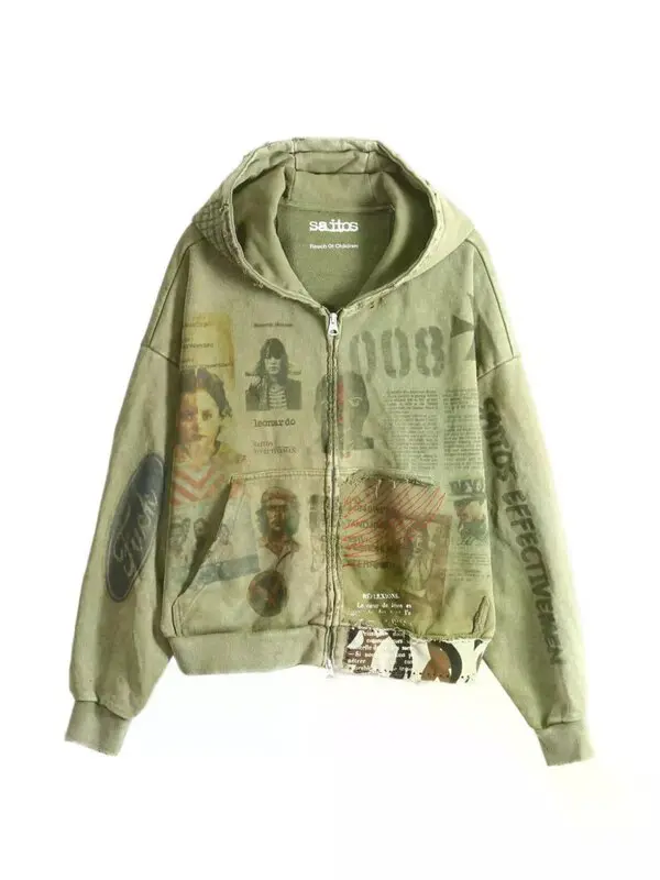 SAITOS Ghost Image Distressed Zip-up Hoodie - Green