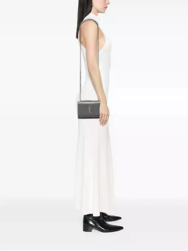 Saint Laurent 2017 Mini Croc Embossed Leather Monogram Sunset Wallet On Chain Crossbody Bag - Grey